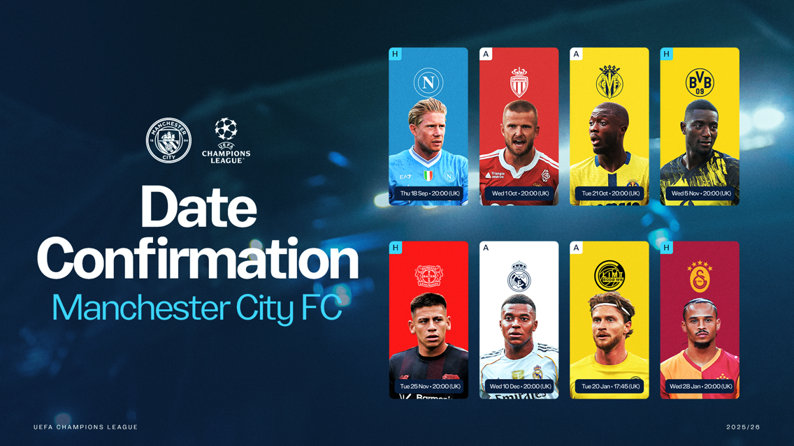 City's Champions League - League Phase fixtures finalised